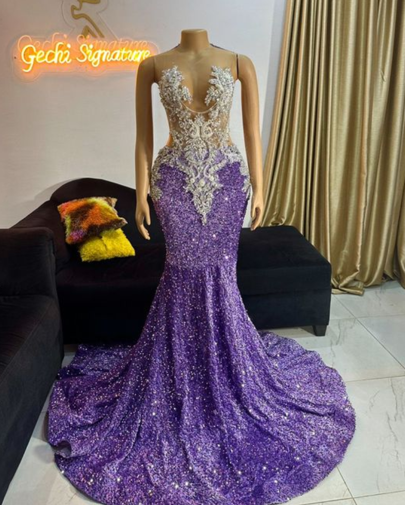 Sparkly Sequin Mermaid Prom Dresses Long For Women 2025 Lace Appliques Beading Crew Neckline ...