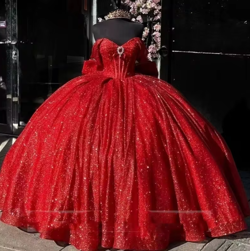 Shiny Red Quinceanera Dresses With Big Bow Off-shoulder Crytals Beading ...
