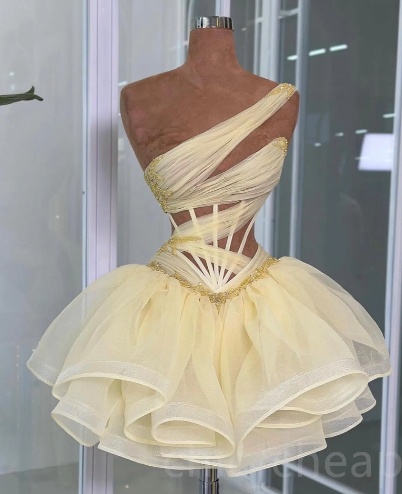 2024 Cream Ball Gown Graduation Dress One Shoulder Lace Beaded Tulle ...