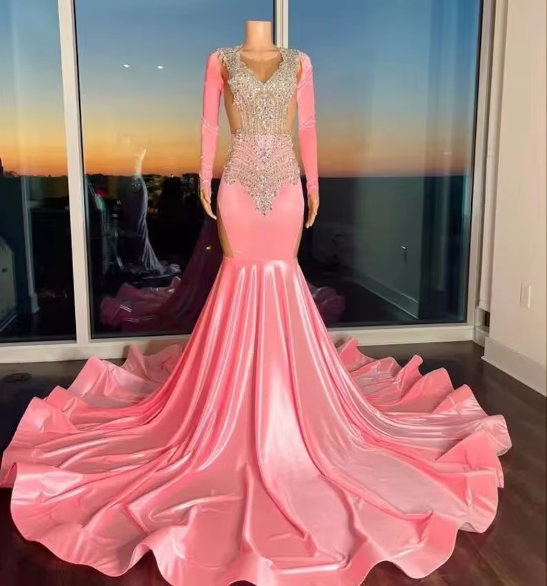 Pink African American Prom Dresses Mermaid Long Sleves Beaded Crystals ...