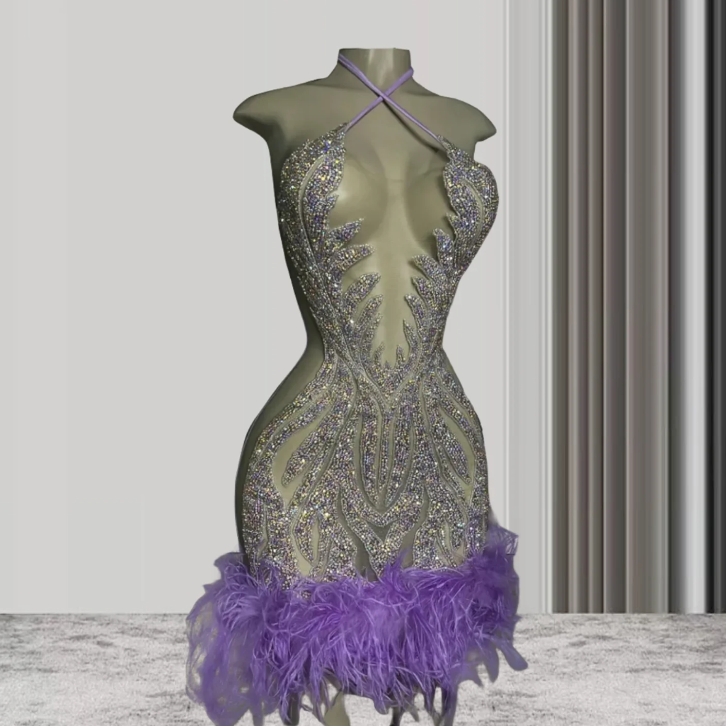 Purple Halter Feather Short Prom Dresses For Black Girls African American Birthday Party Women ...