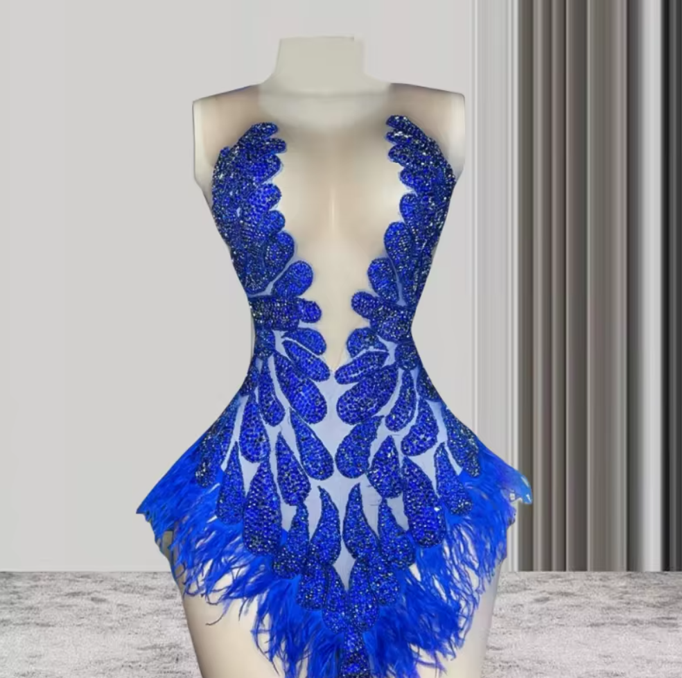 Royal Blue Feather Short Prom Dresses For Black Girls Crystals African American Birthday Party ...