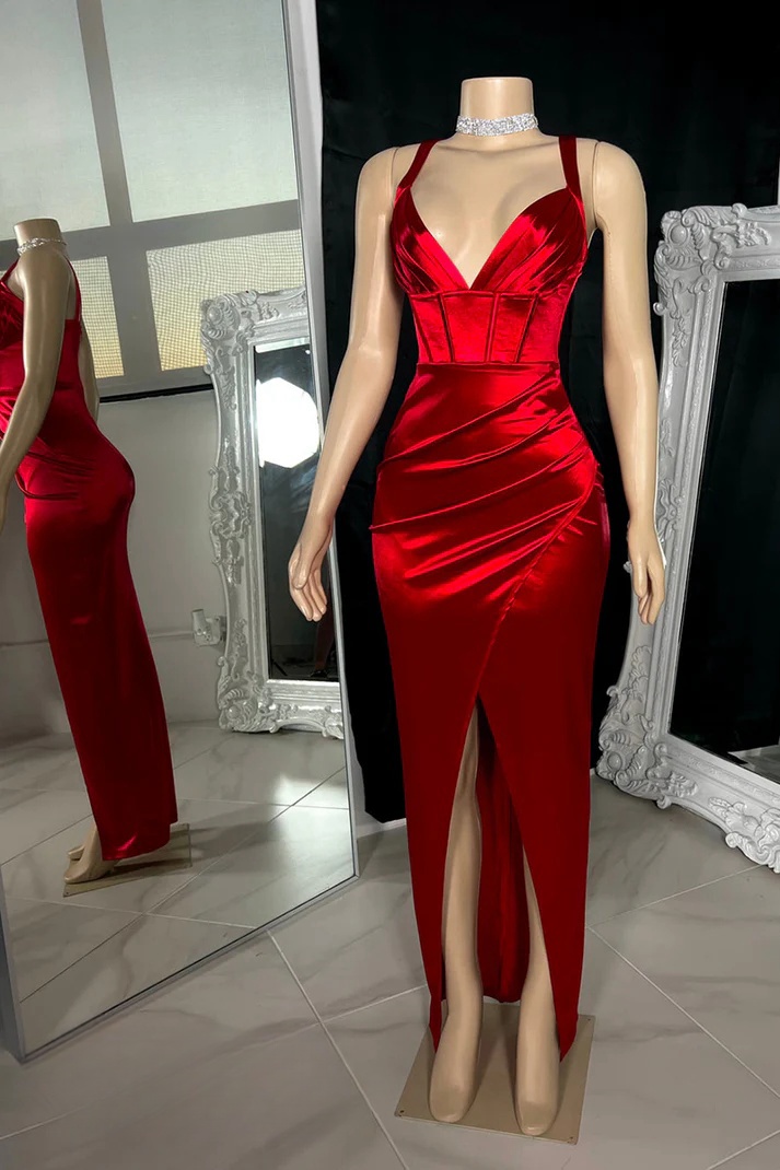 Dark Red Spaghetti Straps Sleek Satin Prom Dresses For Black Girl Slay ...