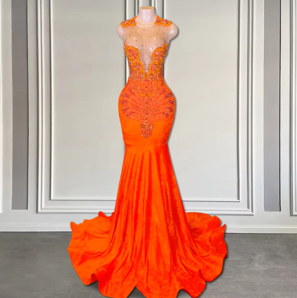 Long Orange Crystal Velvet Prom Dress For Black Girls 2024 Elegant ...