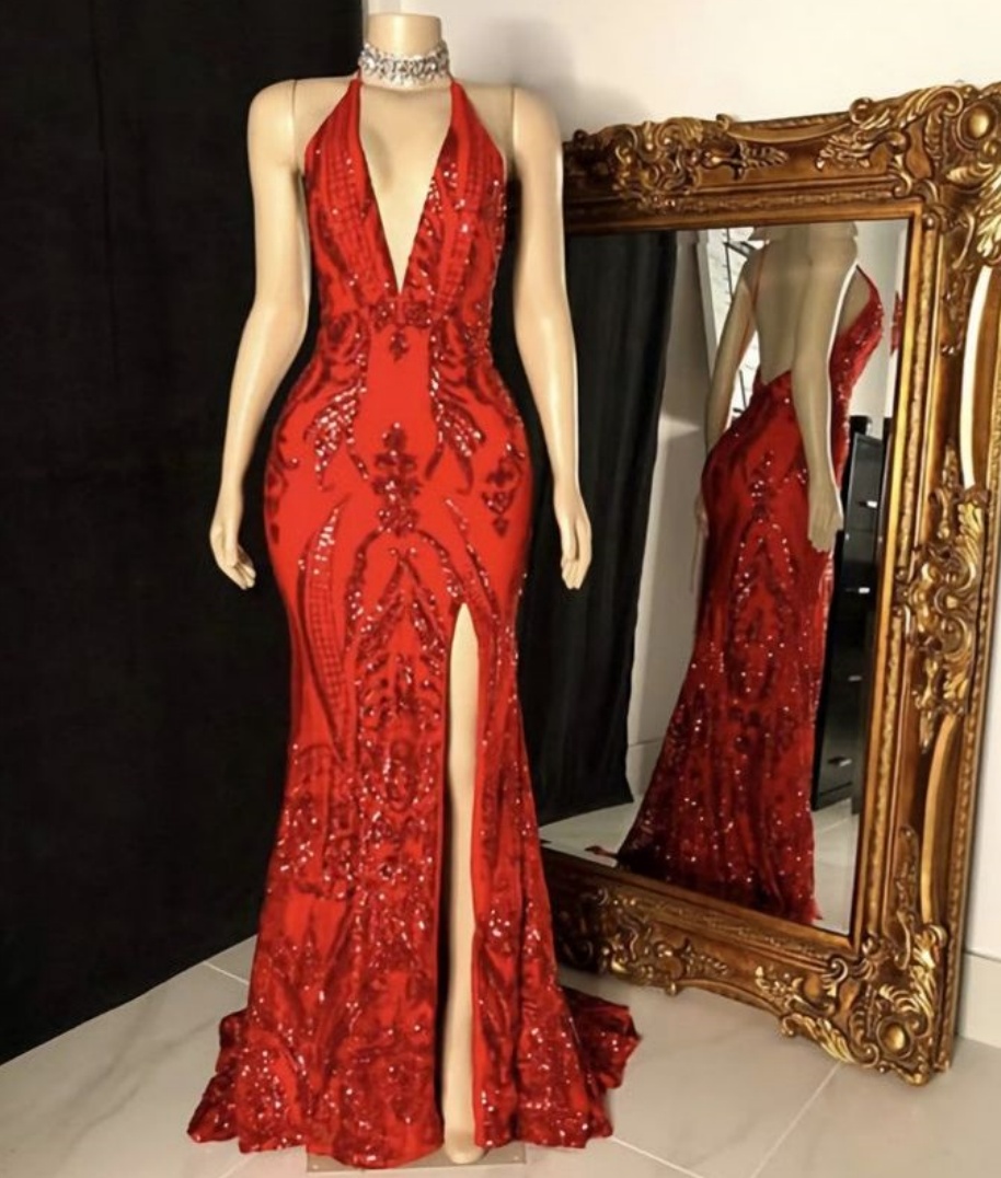 Red Sparkly Sequin V Neck Mermaid Prom Dresses Long For Women 2025 Glitter Side Slit Lace Formal ...